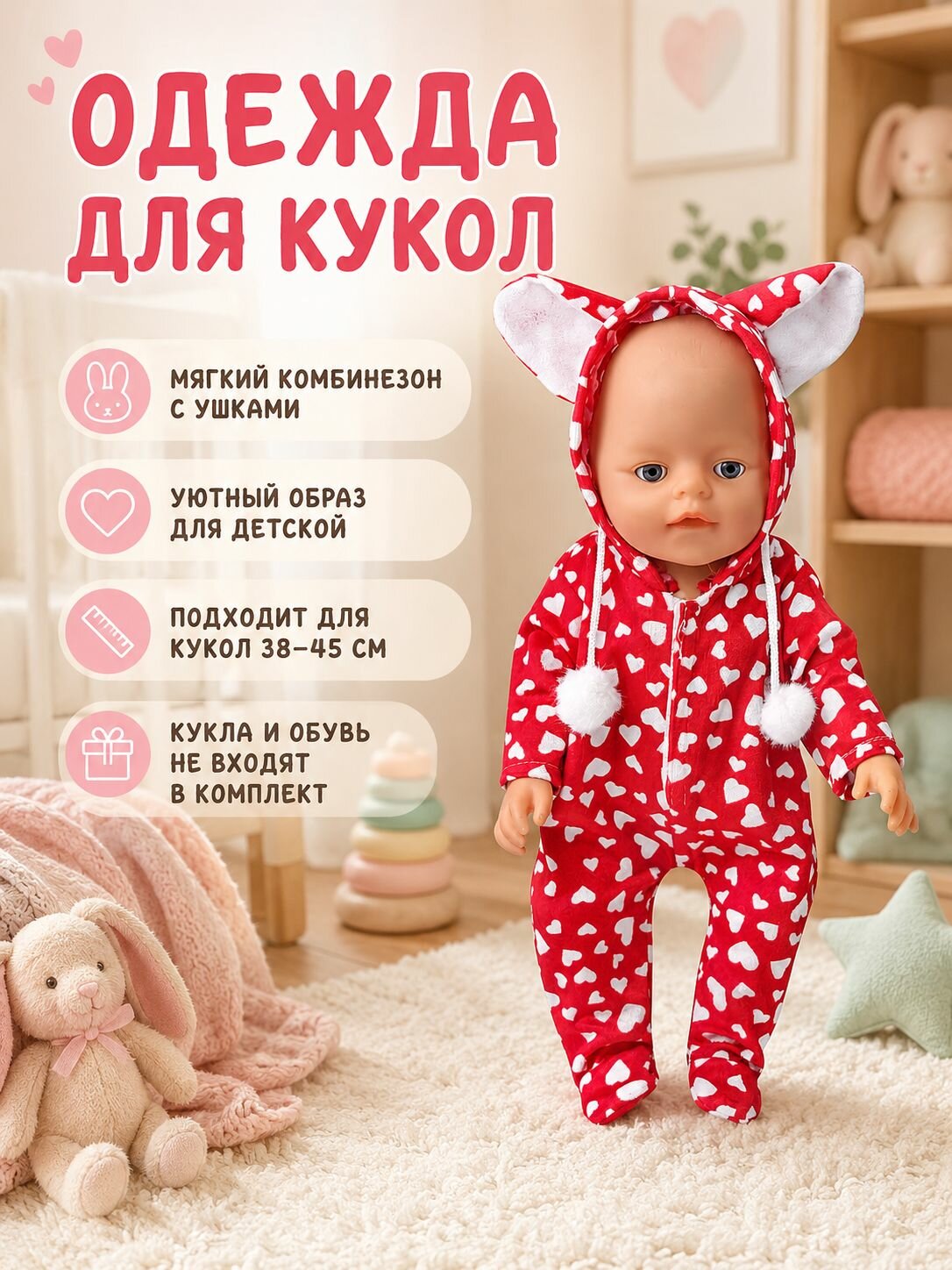 Одежда для кукол 38-45 см, комбинезон-пижама с ушками и помпонами, для новорожденных кукол, несколько расцветок пижама для куклы кукольный комбинезон