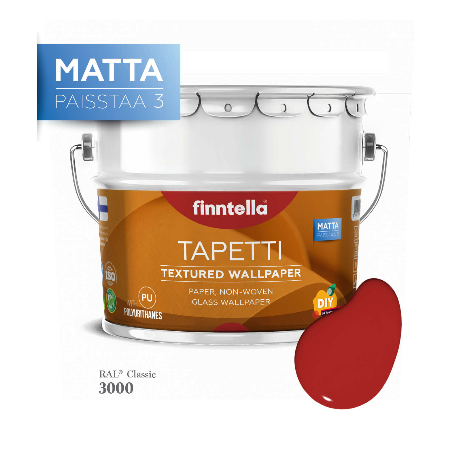 Матовая краска для обоев под окраску TAPETTI Matta FINNTELLA, Цвет RAL 3000 Огненно-красный (Flame red), 9л