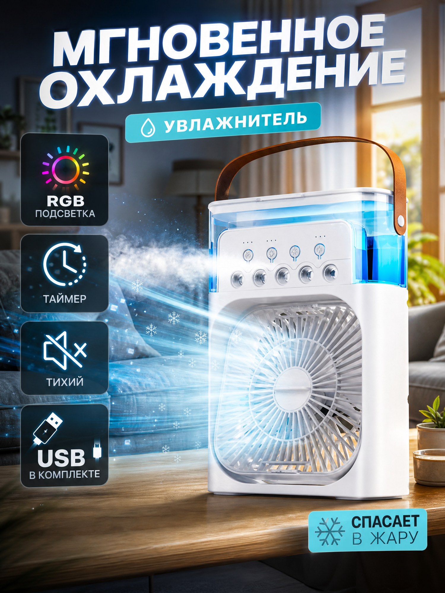 Вентилятор настольный с увлажнителем, мини кондиционер портативный с таймером, LED, 10W, USB, модель VM White