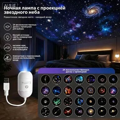 Ночник с проекцией звёздного неба, Мини-проектор , 24 слайда