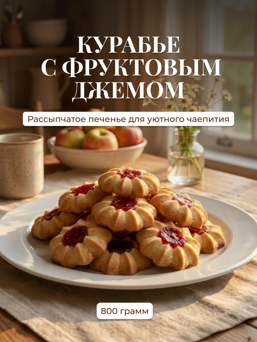Курабье с фруктовым джемом 800 г, печенье сдобное Курамбей, песочное печенье к чаю