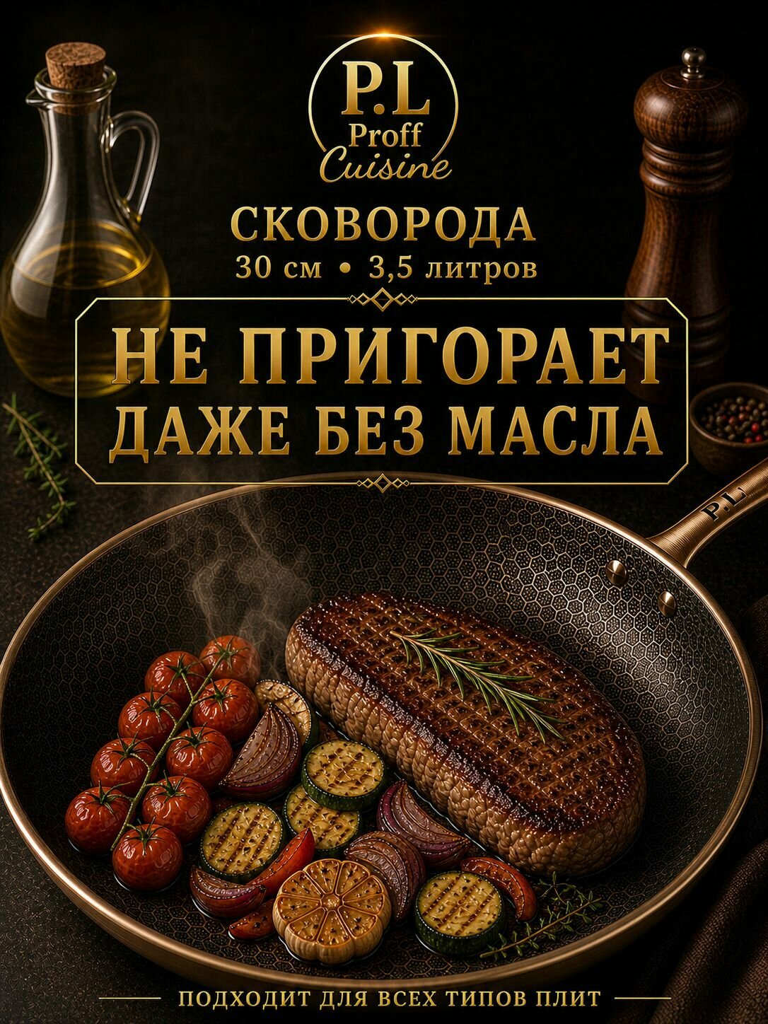 Сковорода антипригарная P.L. Proff Cuisine 30 см, TRI-PLY, нержавеющая сталь, для индукционной плиты, универсальная