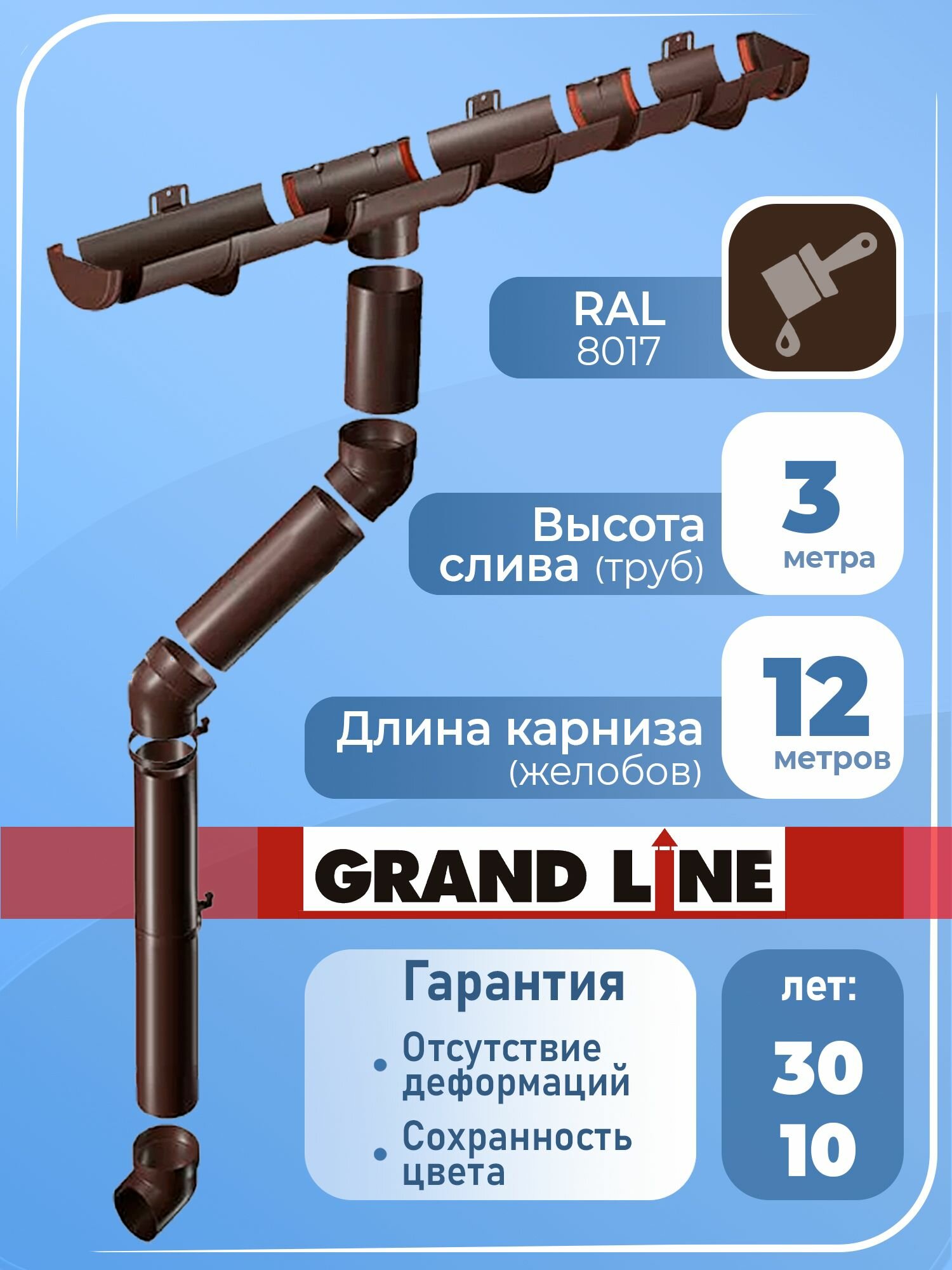 Grand Line Водосточная система ( длина 12 м по 1м / высота 3 м) коричневый 1 слив , водосток для крыши пластиковый Гранд Лайн ( 120 мм/ 90 мм) комплект элементов ПВХ