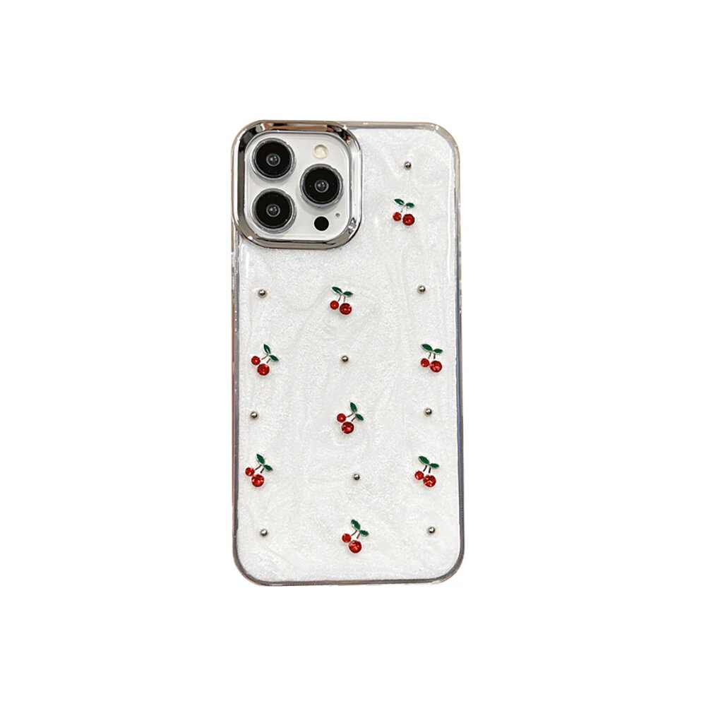 Милый чехол для телефона с вишнями и стразами для iPhone 17 Air 16 15 14 13 12 11 Pro Max, белый кремовый, мягкий, с эпоксидным блеском