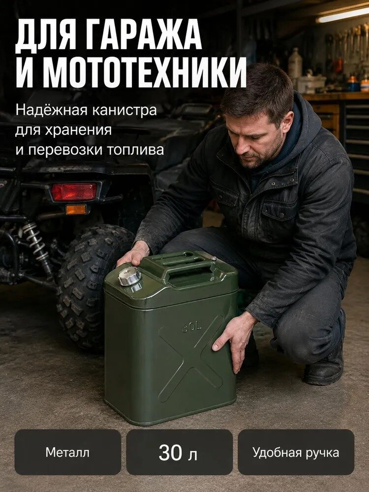 Опасность разлива бензина в багажнике? Решение – герметичная металлическая канистра 30 л с винтовой крышкой