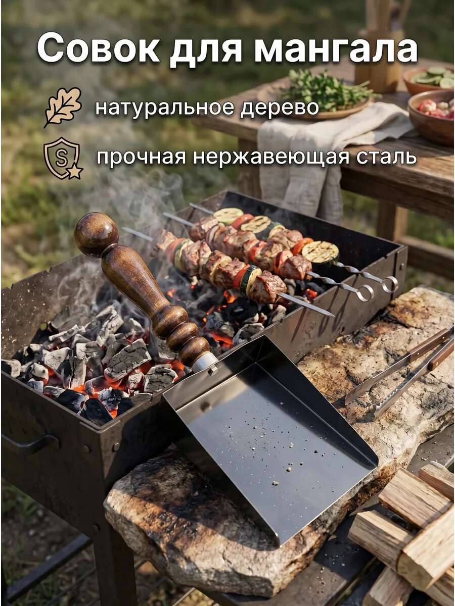 Совок для мангала металлический с деревянной ручкой жаростойкий
