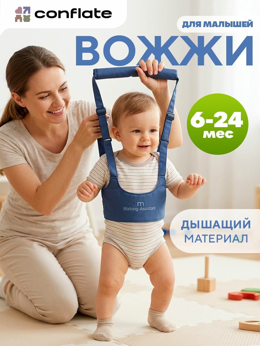 Вожжи для детей "первые шаги" для поддержки и безопасности малышей при ходьбе, детский поводок, ходунки, страховка для прогулок мягкие, синий Conflate