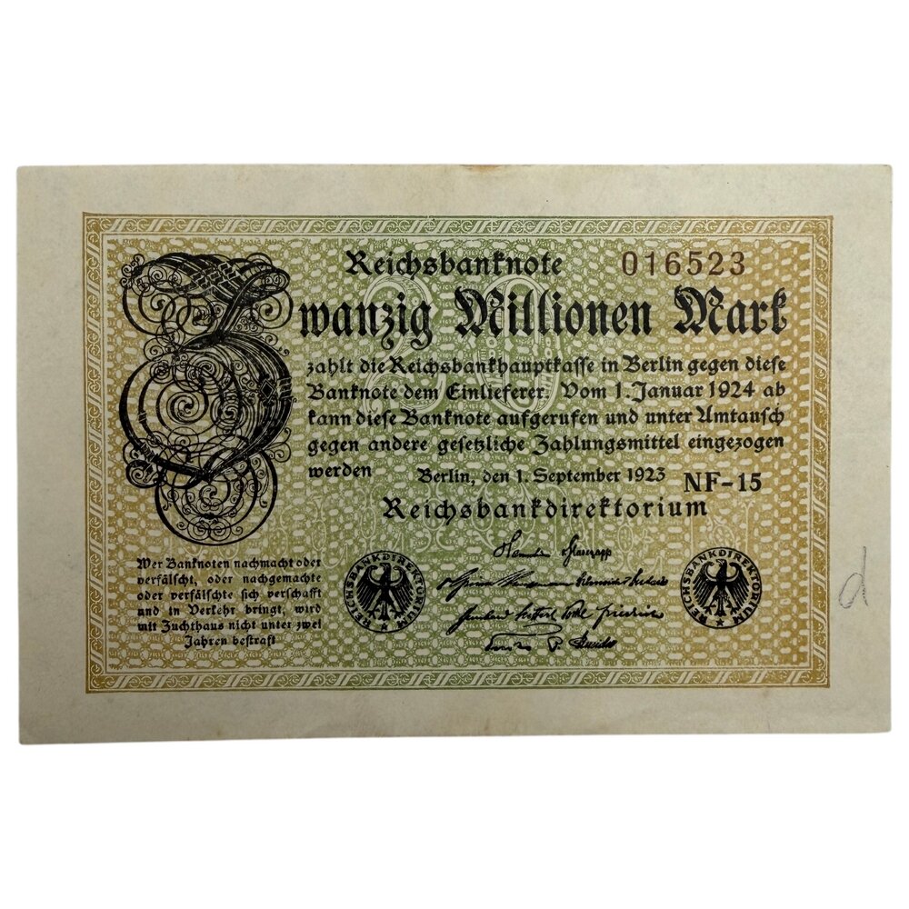Веймарская республика 20000000 (20 миллионов) марок 1923 г. (01.09) (ВЗ - Звёзды G&D) (Серия NF-15)