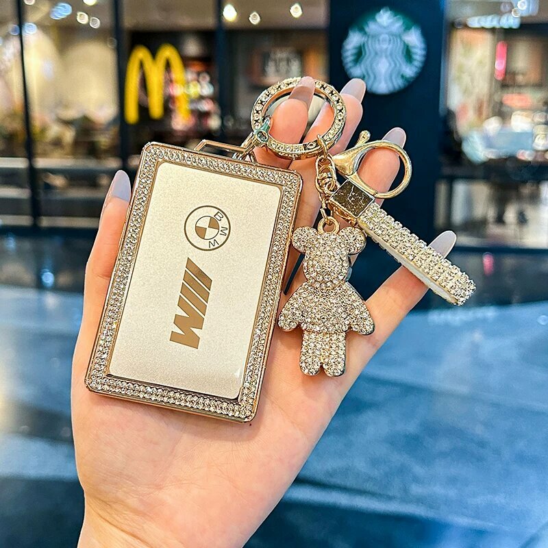 Перламутрово-серый NFC карточный держатель со звездным стразовым замком и белой бусинкой-мишкой для BMW X5/X7/X6