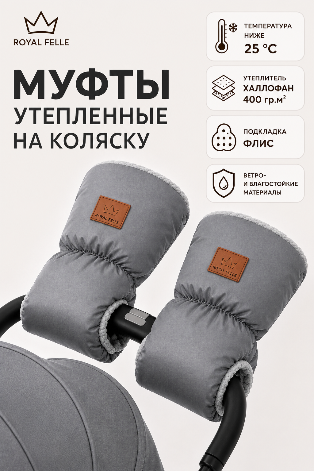 Муфты варежки для рук на коляску для коляски Royal Felle Hand Warmer Grey тёплые зимние флисовые на кнопках