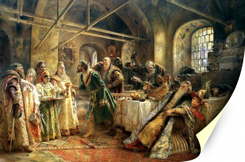 Картина для интерьера "Поцелуйный обряд", художник Маковский Константин Егорович, печать на холсте (40х26 см / без подрамника)
