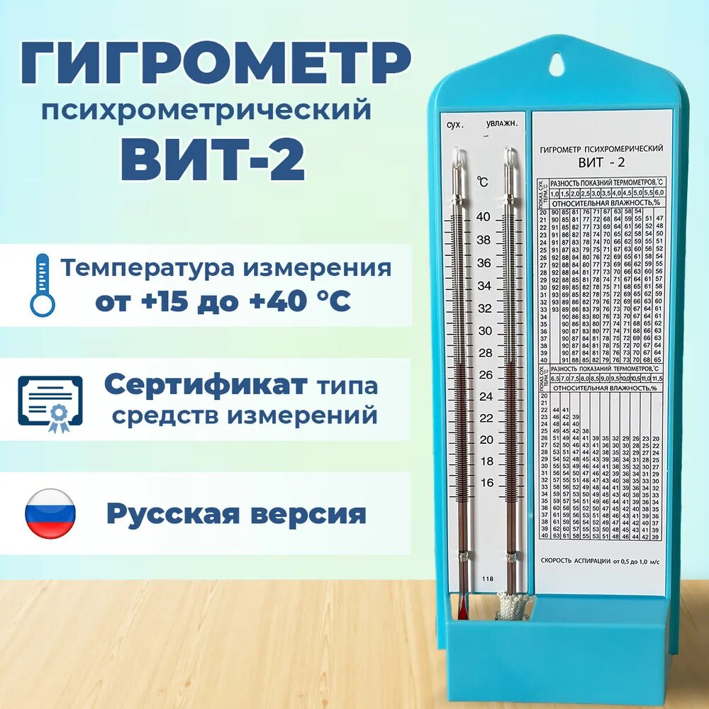 Гигрометр психрометрический ВИТ-2 (от +15 до +40) с поверкой