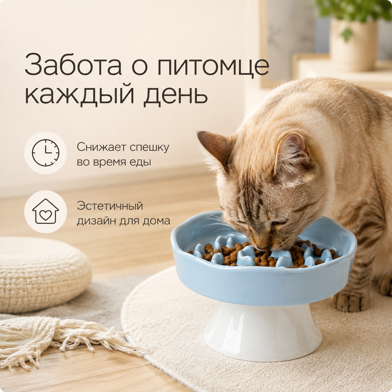 Керамическая миска для медленного кормления, высокая миска для кошек, миска для домашних животных, предотвращающая удушье, миска для медленного кормления кошек. 1 штlight blue