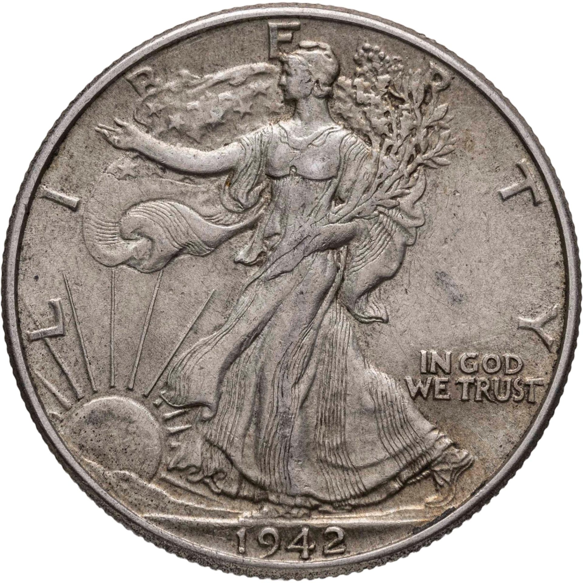 США 50 центов 1/2 доллара, half dollar 1942 Walking Liberty Half Dollar, без отметки монетного двора, Серебро 900, в сохранности XF
