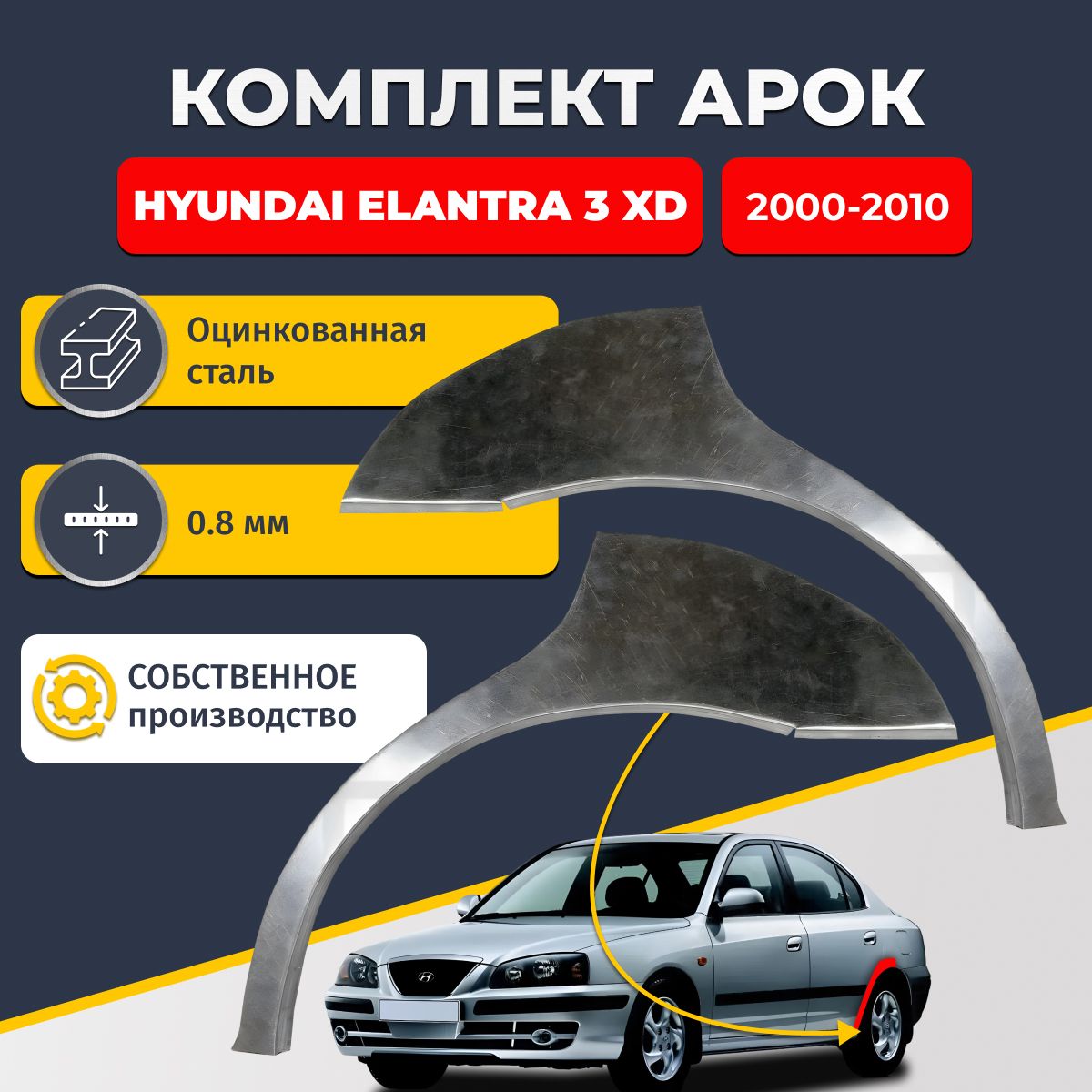Комплект задних ремонтных арок для автомобиля (2 шт.) Hyundai Elantra 3 XD, седан 4 двери 2000-2010 г, (Хендай Элантра ХД). Оцинкованная сталь 0,8 мм.