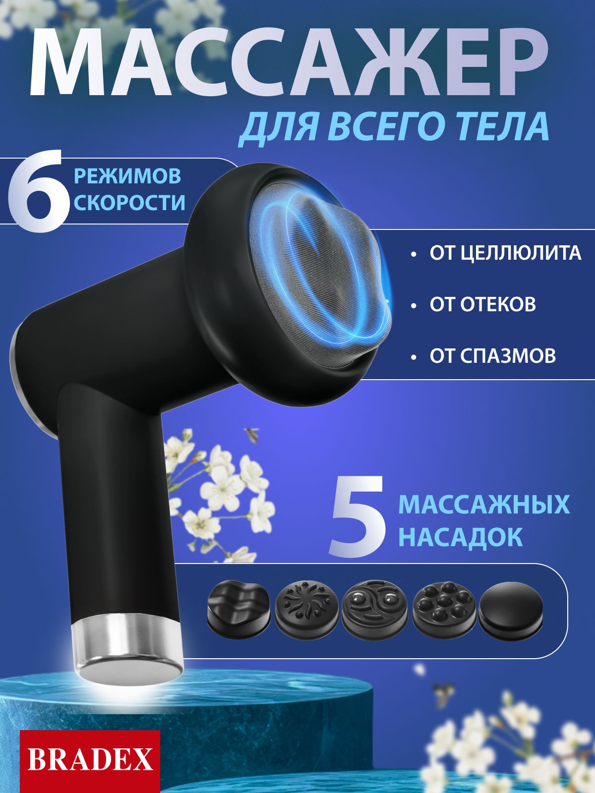 Массажер для тела электрический антицеллюлитный перкуссионный вибрационный с насадками