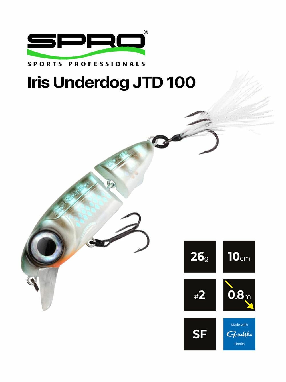 Воблер SPRO Iris Underdog Jointed 100, 10 см, 26 гр, 0,1-0,8 м, #Herring