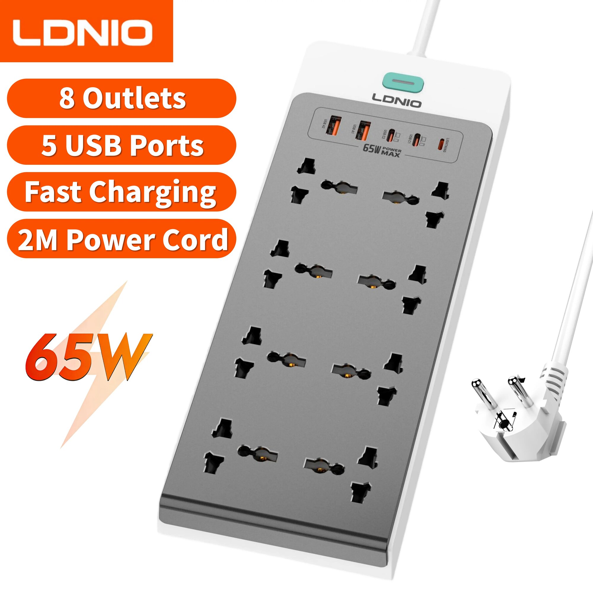 LDNIO SC4-EU Розетка с 8 розетками и 5 USB, 65W, 2м