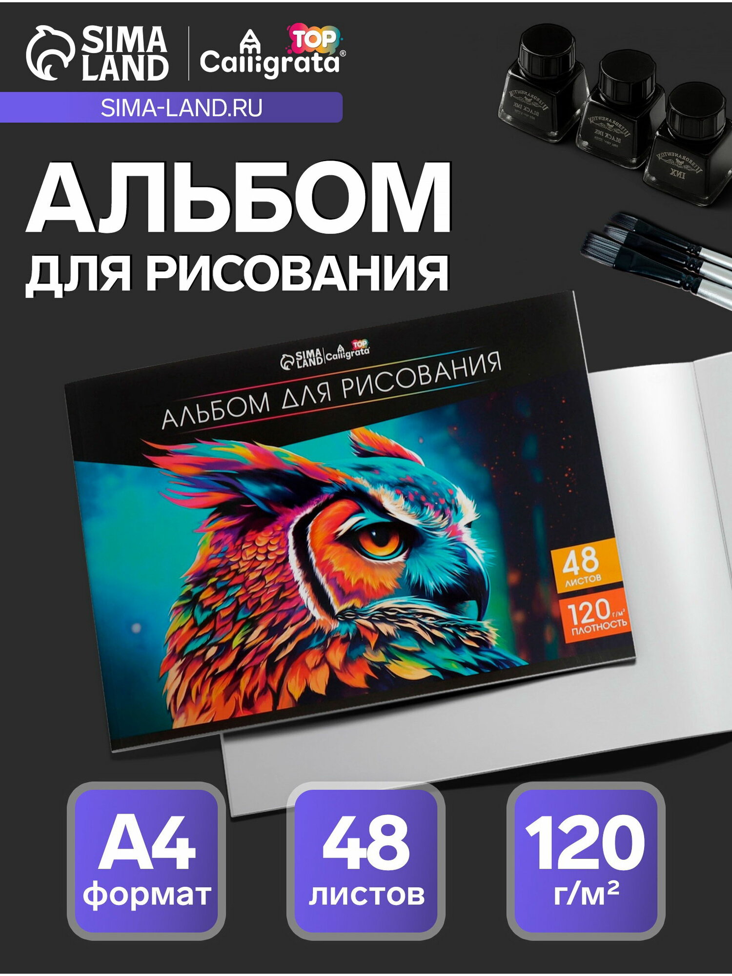 Альбом для рисования Calligrata А4, 48 листов на склейке, обложка мелованный картон, выборочный УФ-лак, блок офсет 120 г/?2, 2 шт.