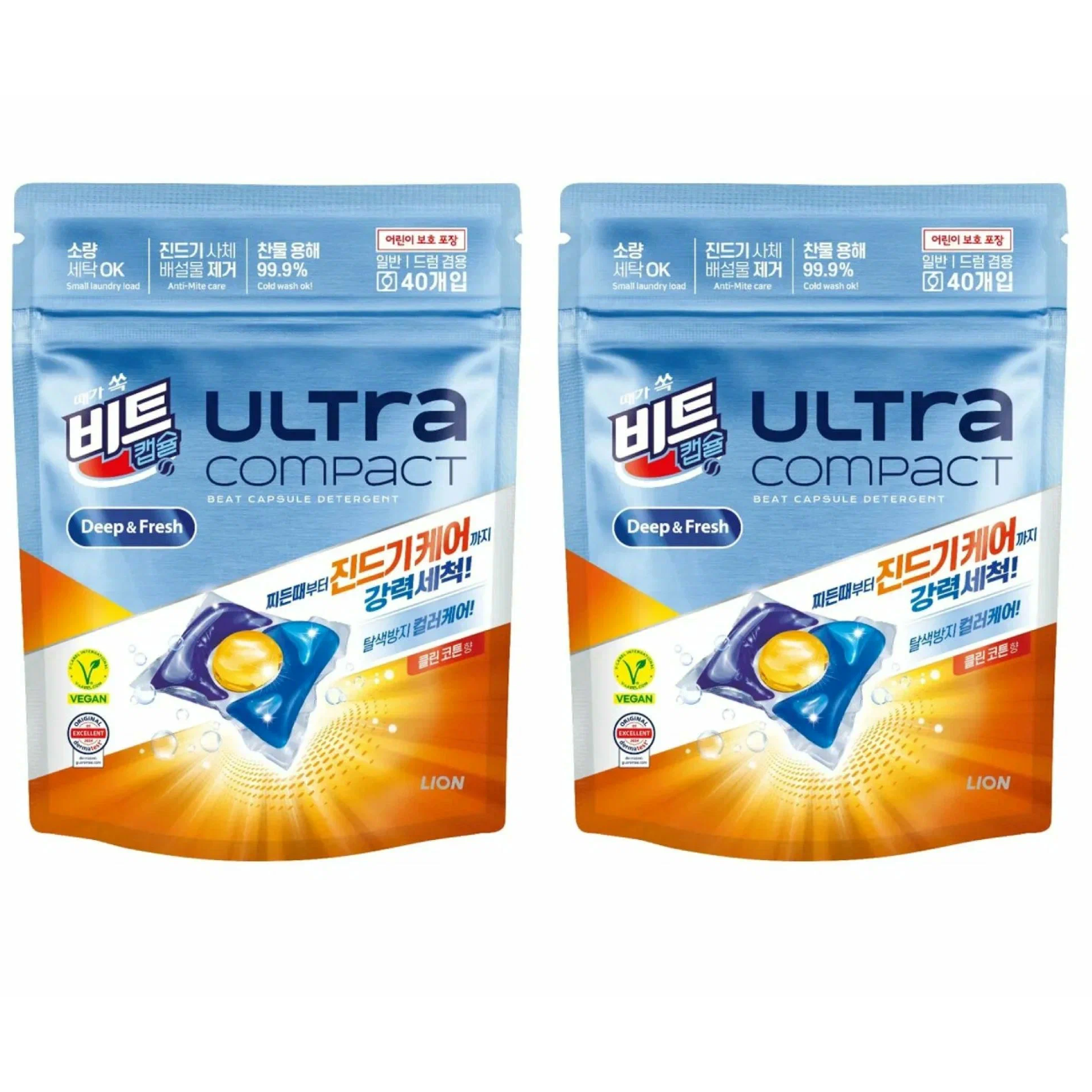 Жидкое средство Lion Korea для стирки, Ultra Compact Anti Mite Care, Хлопок, защита цвета, капсулы, 8г х 40шт, 2уп
