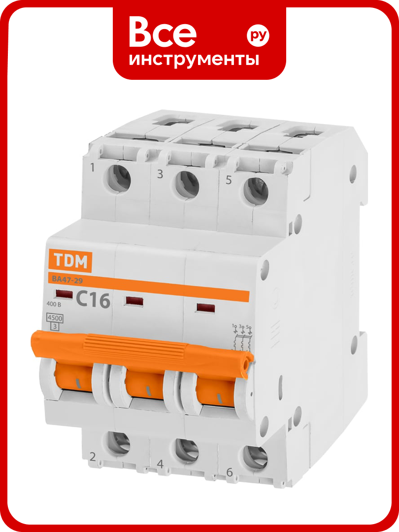 Автоматический выключатель TDM ELECTRIC ВА47-29 3Р 16А 4.5кА х-ка С SQ0206-0109, установки