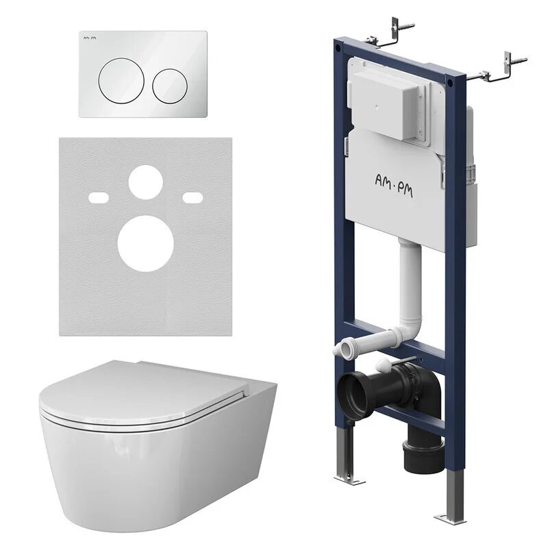 Комплект унитаза с инсталляцией Am.Pm Sense FlashClean IS90101.8F1701 с сиденьем микролифт, кнопка белый глянец