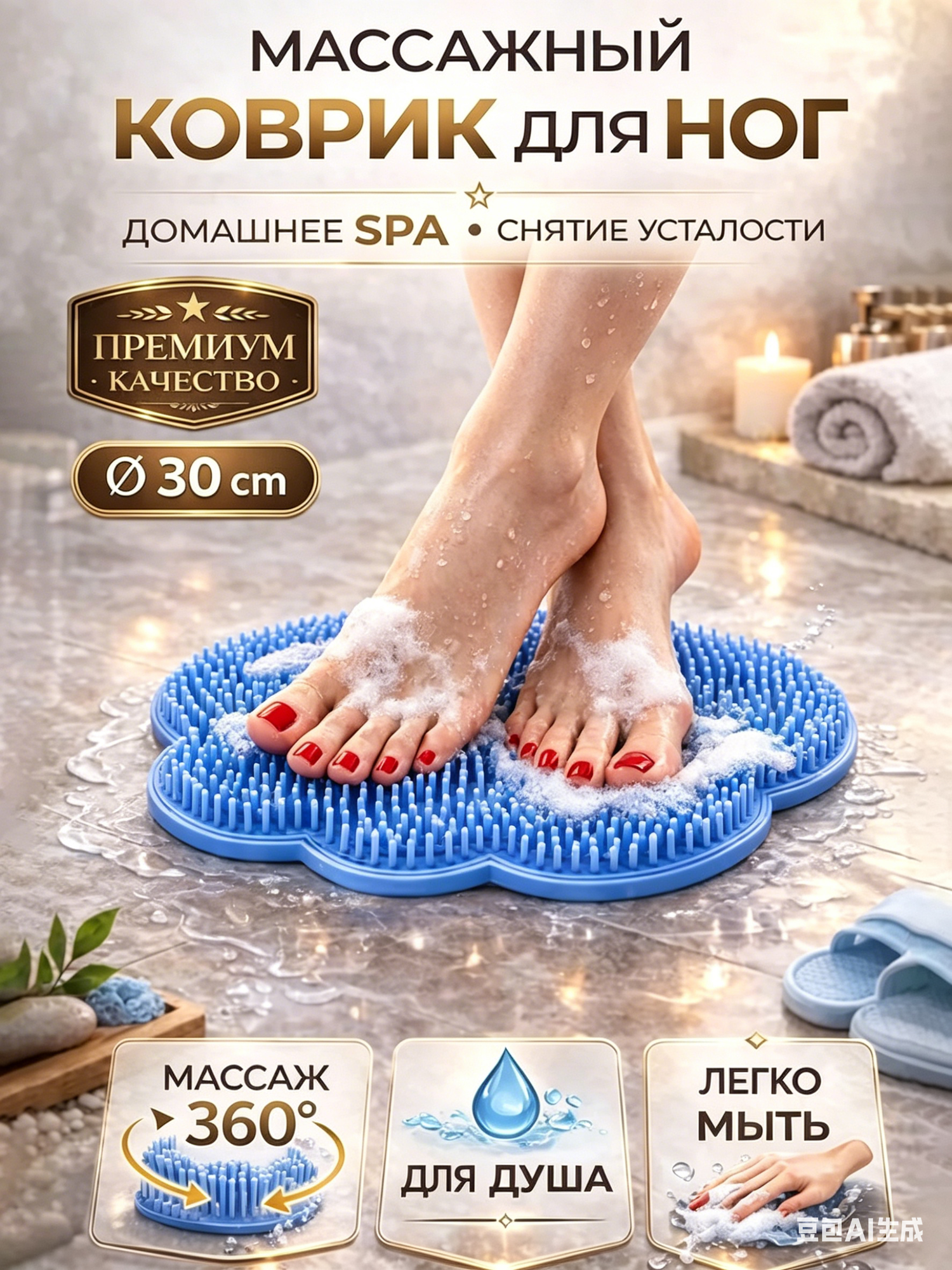 Коврик-мочалка для душа, противоскользящий, массажный, овальный, небесно-голубой