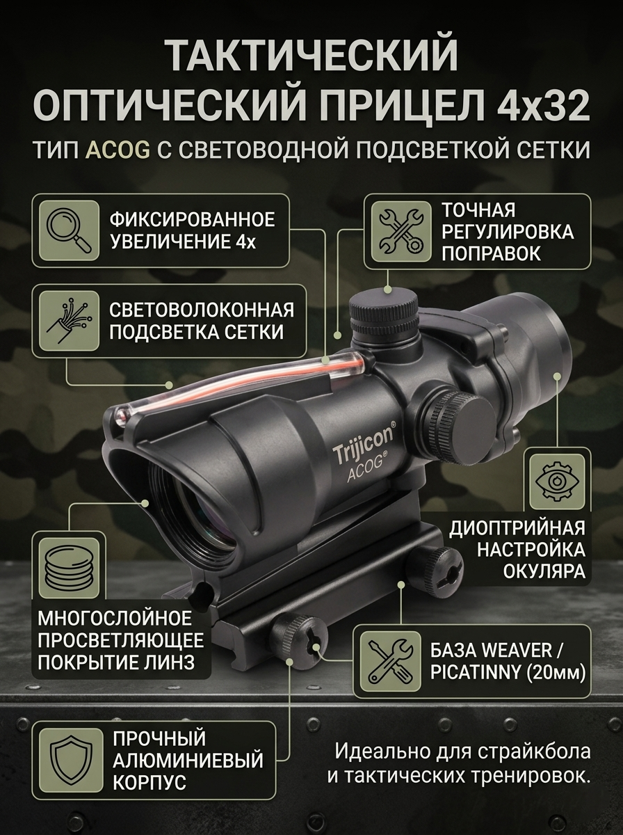 Тактический оптический прицел ACOG 4x32 со световолоконной подсветкой