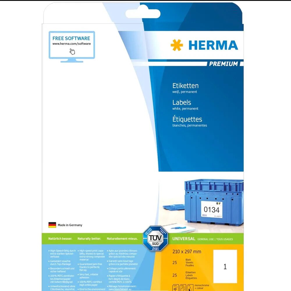 Самоклеящиеся этикетки бумажные 210*297мм HERMA, 25 листов (25эт)