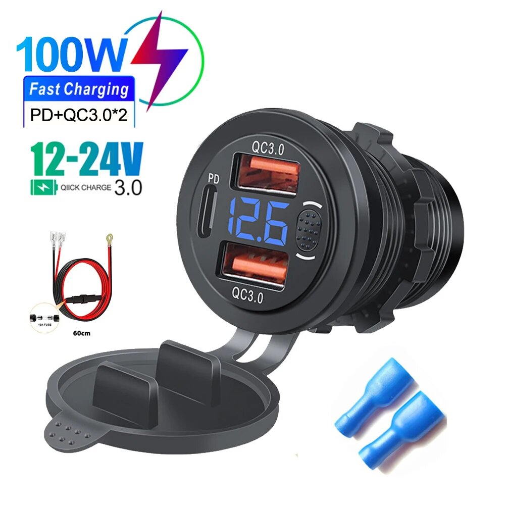100W USB зарядка PD QC3.0, 12-24V, синий провод