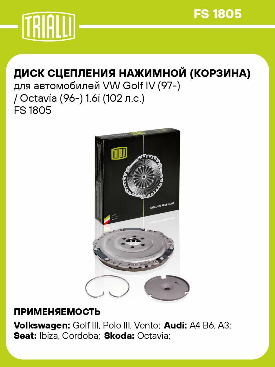 Диск сцепления нажимной (корзина) для автомобилей VW Golf IV (97-) / Octavia (96-) 1.6i (102 л. с.) FS 1805 TRIALLI