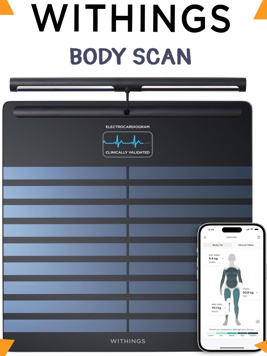 Умные весы Withings Body Scan с ЭКГ ИМТ здоровье нервов сосудистый возраст черные (WBS08-Black-All-Inter)