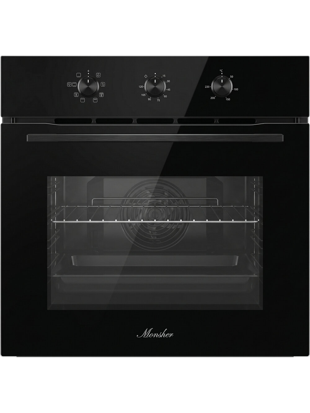 Электрический духовой шкаф MONSHER MOE 6163 Noir, 59.5 см, 70 л, 8 режимов, гриль и конвекция, гидролизная очистка