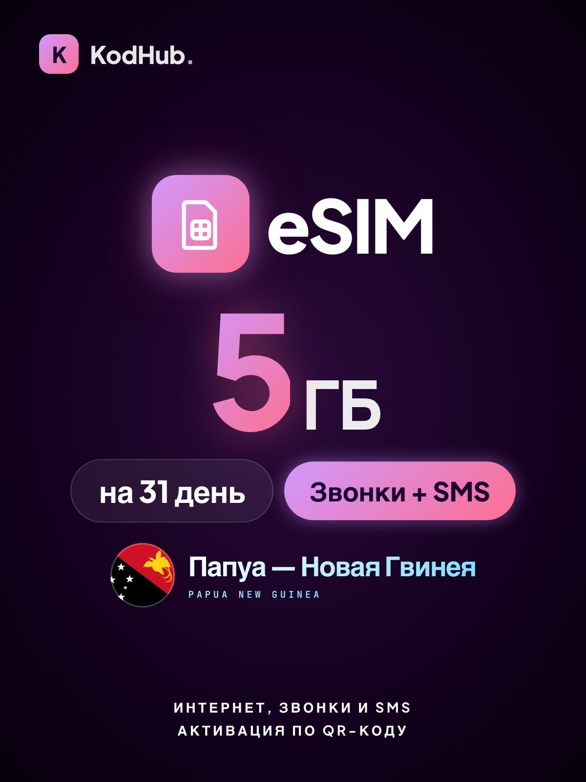 Туристическая eSIM Папуа — Новая Гвинея 5 ГБ + звонки + SMS на 31 день | связь в поездке без роуминга