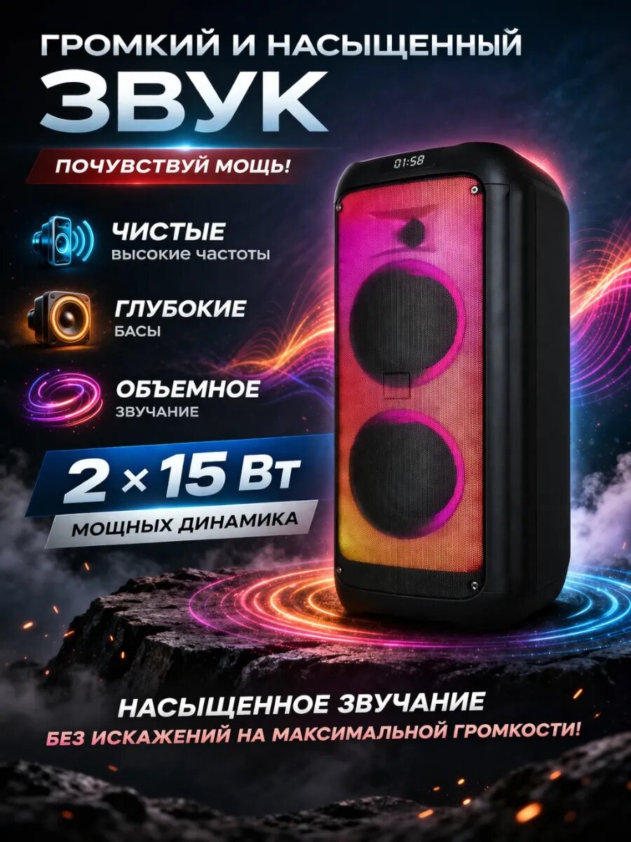 Портативная колонка MIVO "MD-651", 2 сабвуфера + 1 твиттер, 900Вт, черный