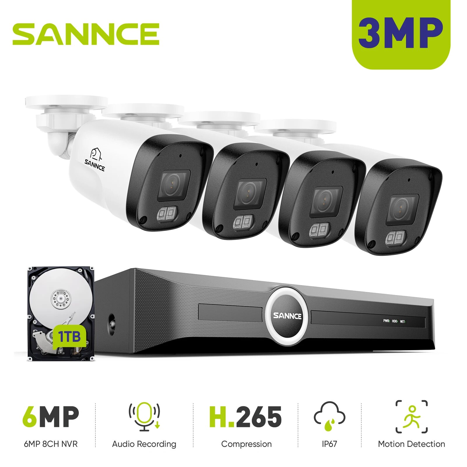 Система безопасности SANNCE 8CH NVR с 4 камерами PoE IP разрешением 3MP, непрерывная запись 24/7, жесткий диск 1/2/4TB, интеллектуальное обнаружение, видеорегистратор H.265