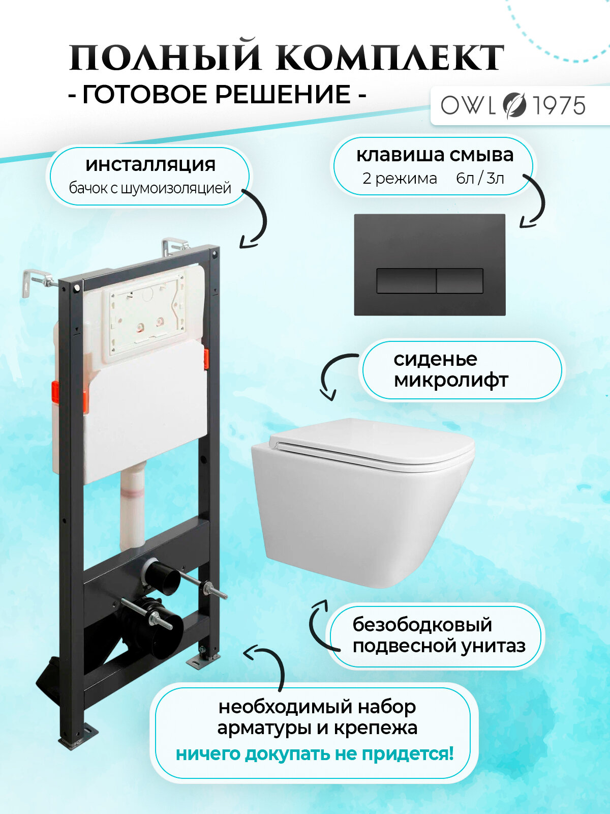 Инсталляция с унитазом комплект 4 в 1 OWL 1975 Teramо скрытое торнадо безободковый+кнопка черная матовая IN-500G+IN-005.01+AZ-0052-UQ3