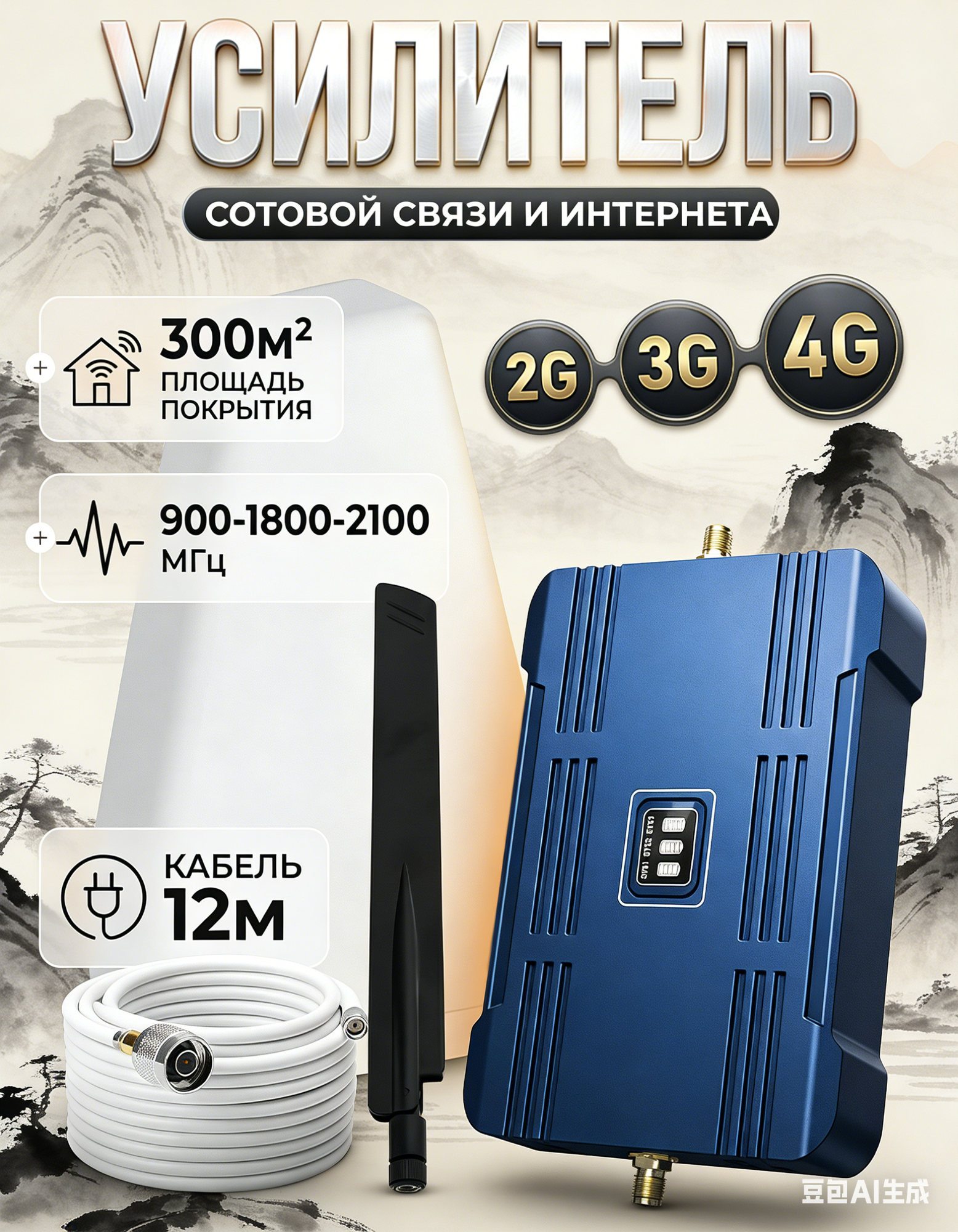 Усилитель сотовой связи 900/1800/2100 МГц (2G/3G/4G): до 70 км, направленный, синий, 1.3 кг