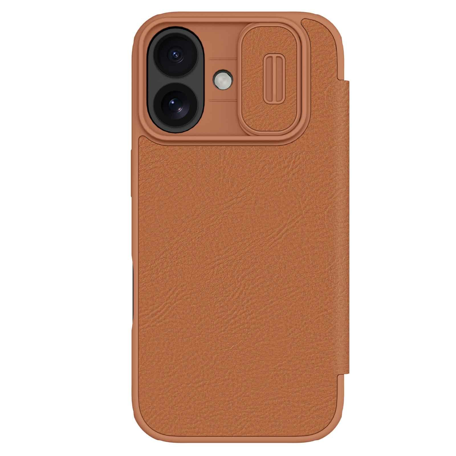 Кожаный чехол книжка коричневого цвета для iPhone 17, серия Qin Pro Leather с обновленной сдвижной шторкой от Nillkin