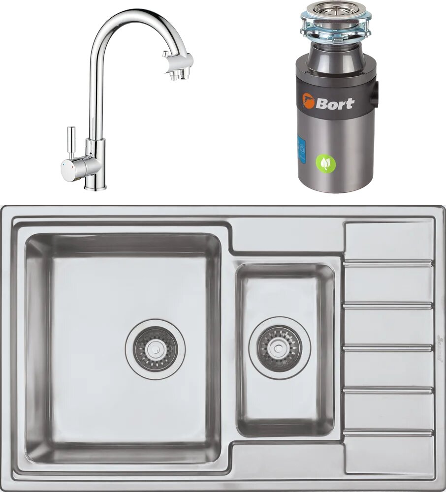 Комплект Мойка Seaman Eco Roma SMR-7850B 78x50, сталь, нержавеющая сталь / Смеситель Barcelone SSL-5226-WP глянцевый хром, water polish / Измельчитель Bort Titan 4000 Plus электрический, нержавеющая с