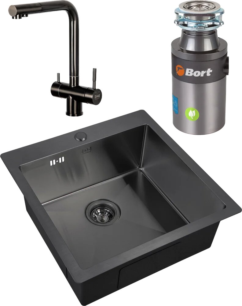 Комплект Мойка Zorg Inox PVD 5151 51x51, grafit, нержавеющая сталь / Смеситель Inox SZR-7039 GRAFIT графит, графит / Измельчитель Bort Titan 4000 Plus электрический, нержавеющая сталь