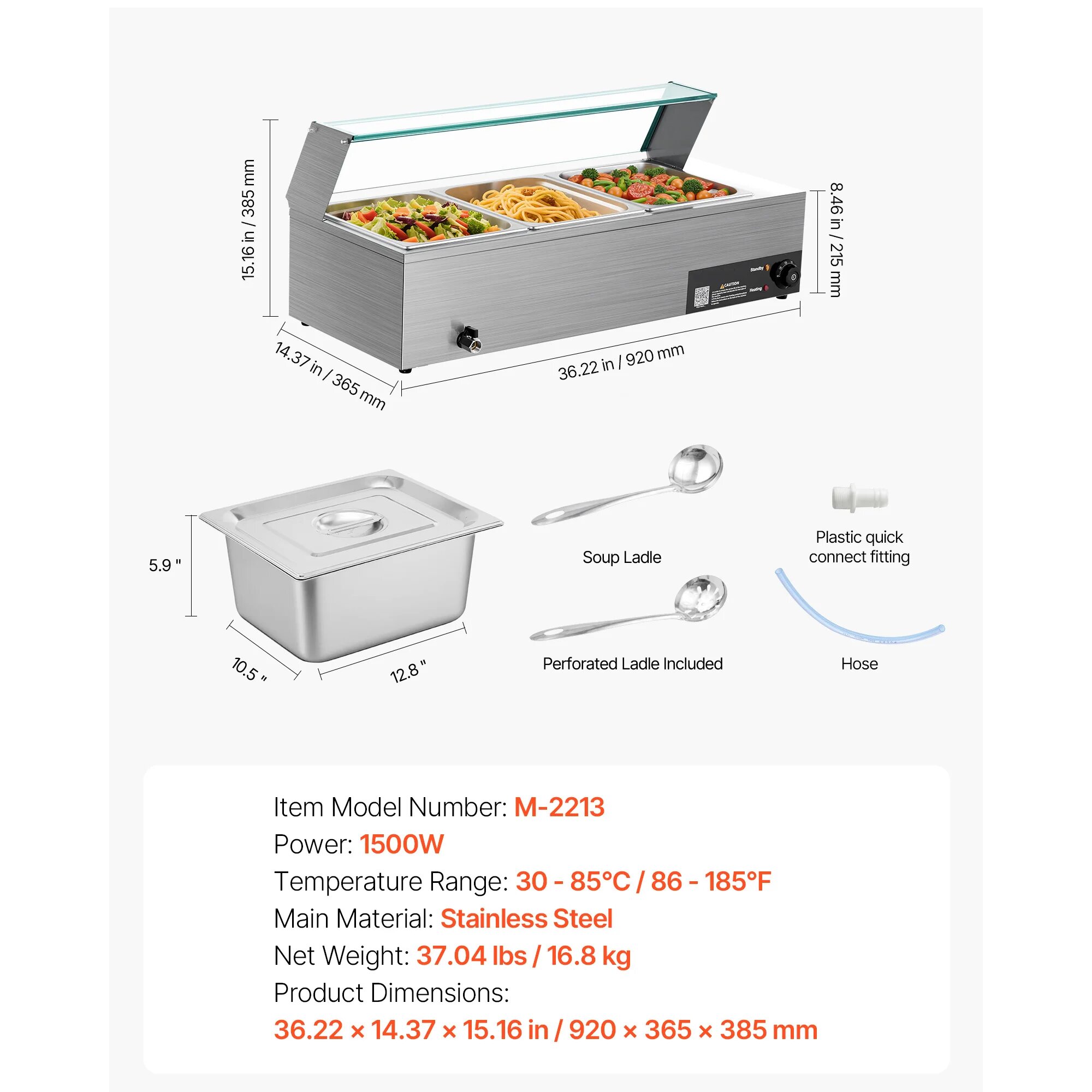 Теплохер для пищи SucceBuy Commercial Food Warmer электрический из нержавеющей стали паровой с стеклянной крышкой для стойки буфета Bain Marie с супом