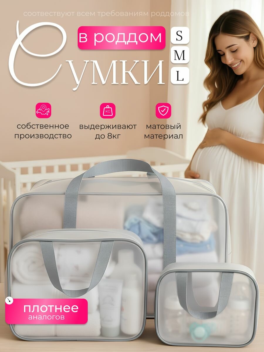 Сумки в роддом прозрачные для беременных набор 3 шт. без наполнения для мамы и малыша