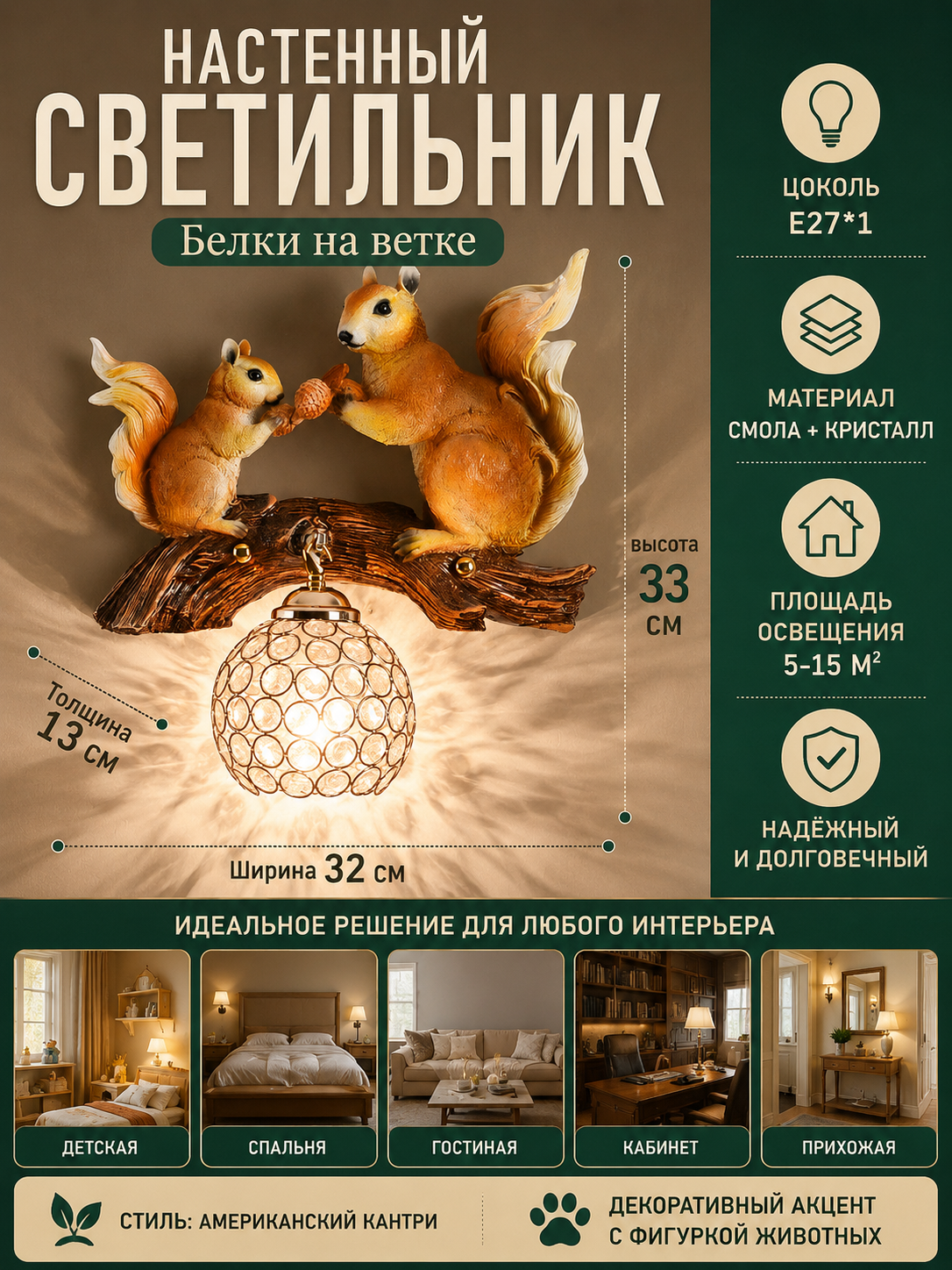 Огромный настенный светильник бра Белка (размер XL), сказочный интерьерный свет для детской спальни и коридора