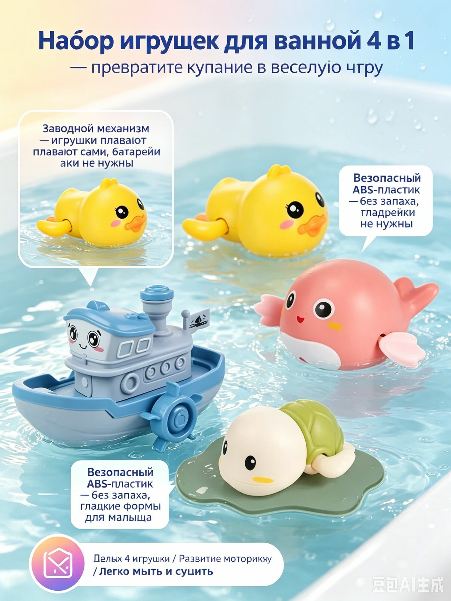 1 лодка и 3 животных <случайные цвета>Детская игрушка для ванны: лодка, утка, черепаха, дельфин, заводные водные животные, заводная игрушка для ванной комнаты.