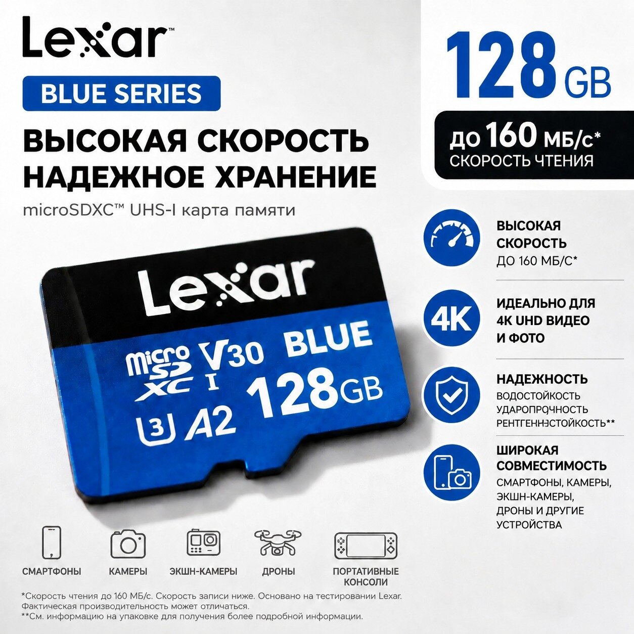 Lexar 128GB TF (MicroSD) Memory Card V30 A2, Read 160MB/s, Drone And Action Camera Memory Card, 4K Ultra HD (BLUE)