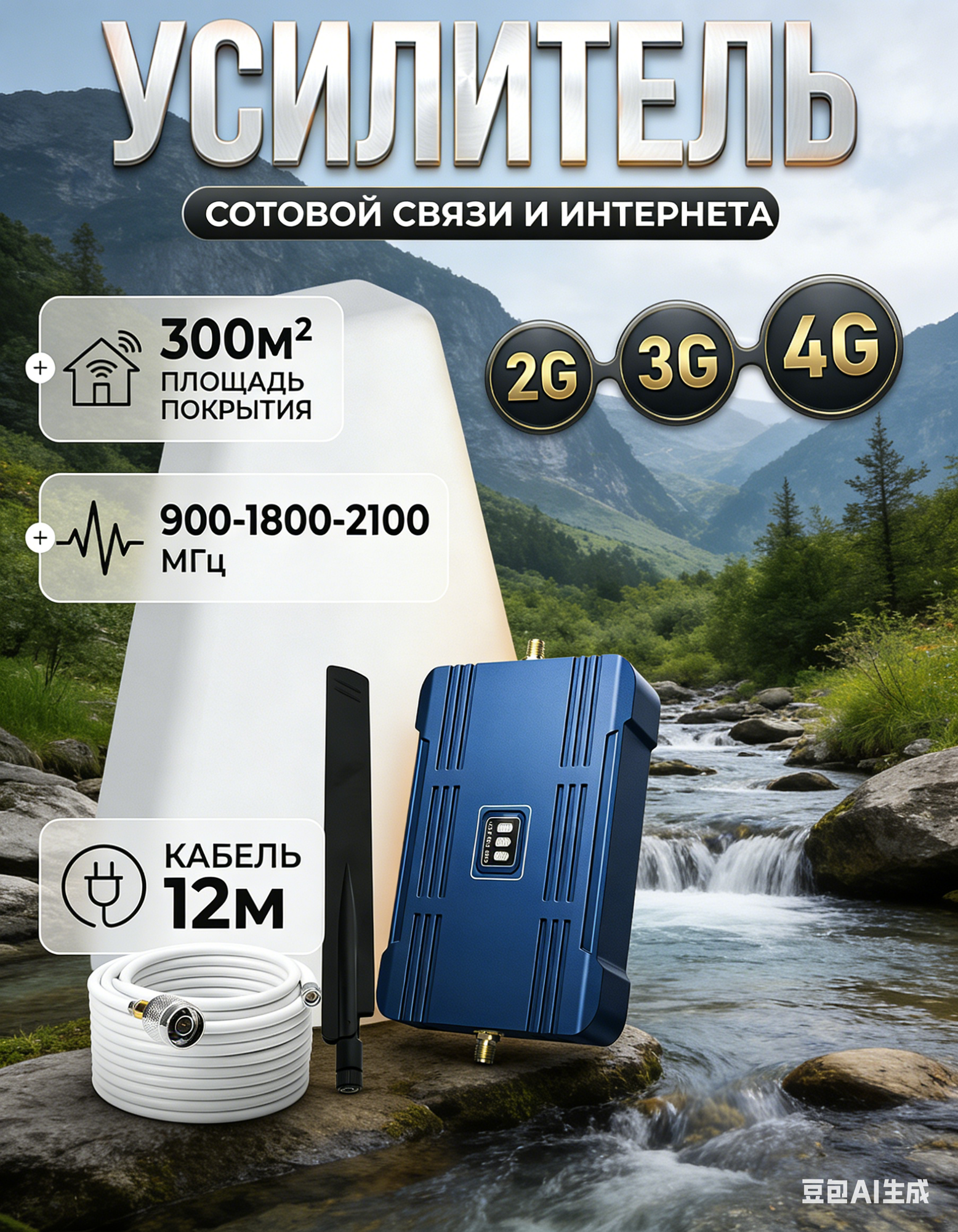 Усилитель сотовой связи 900/1800/2100 МГц (2G/3G/4G): до 70 км, направленный, синий, 1.3 кг