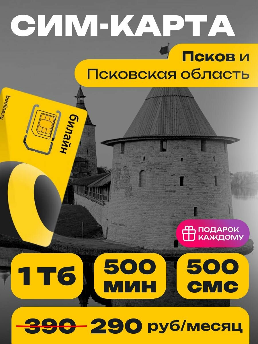 Сим-карта Билайн тариф Эксклюзивный Онлайн Лайт Псковская область 1024 Гб + 500 минут за 290 руб.