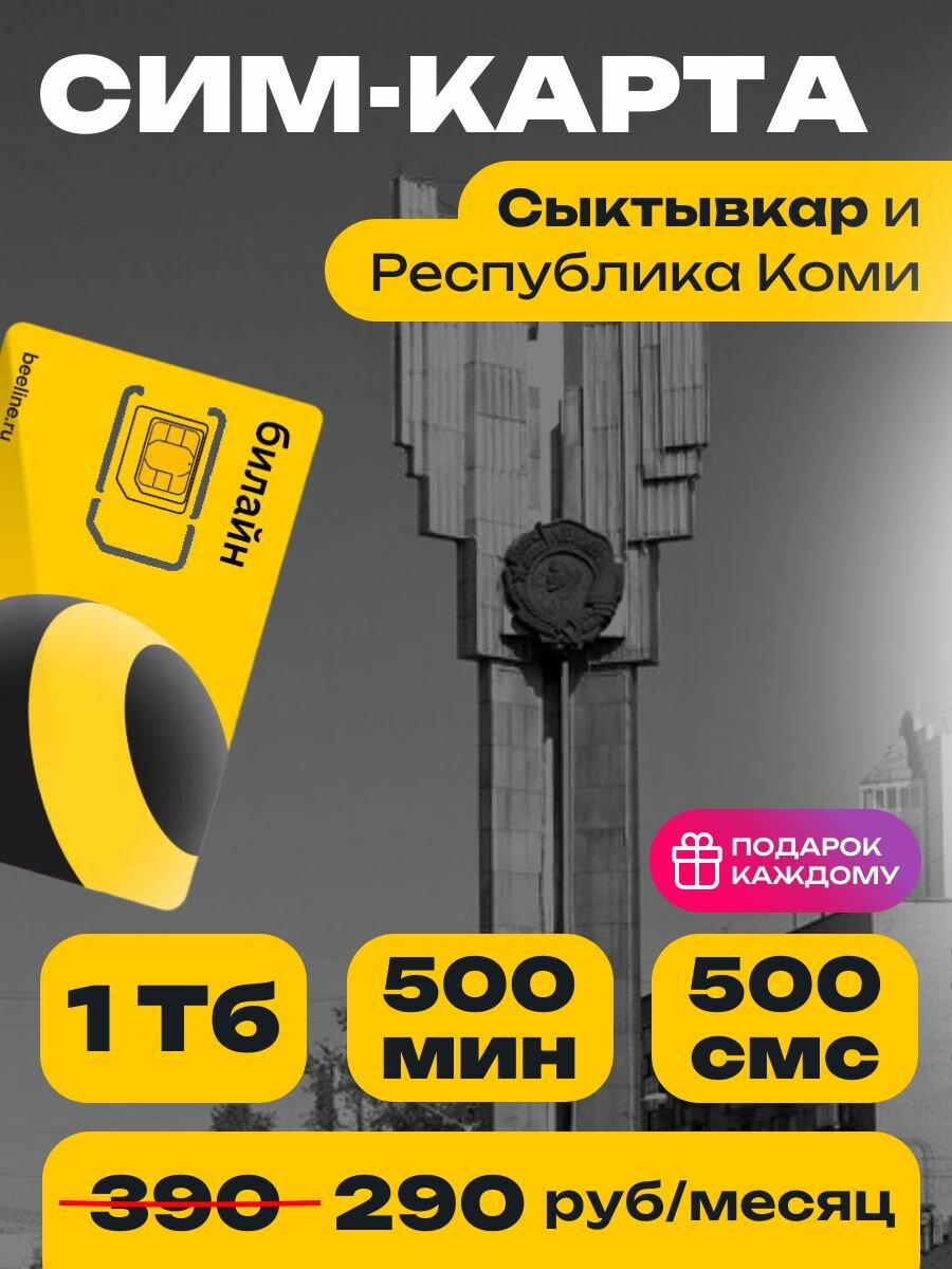 Сим-карта Билайн тариф Эксклюзивный Онлайн Лайт Республика Коми 1024 Гб + 500 минут за 290 руб.