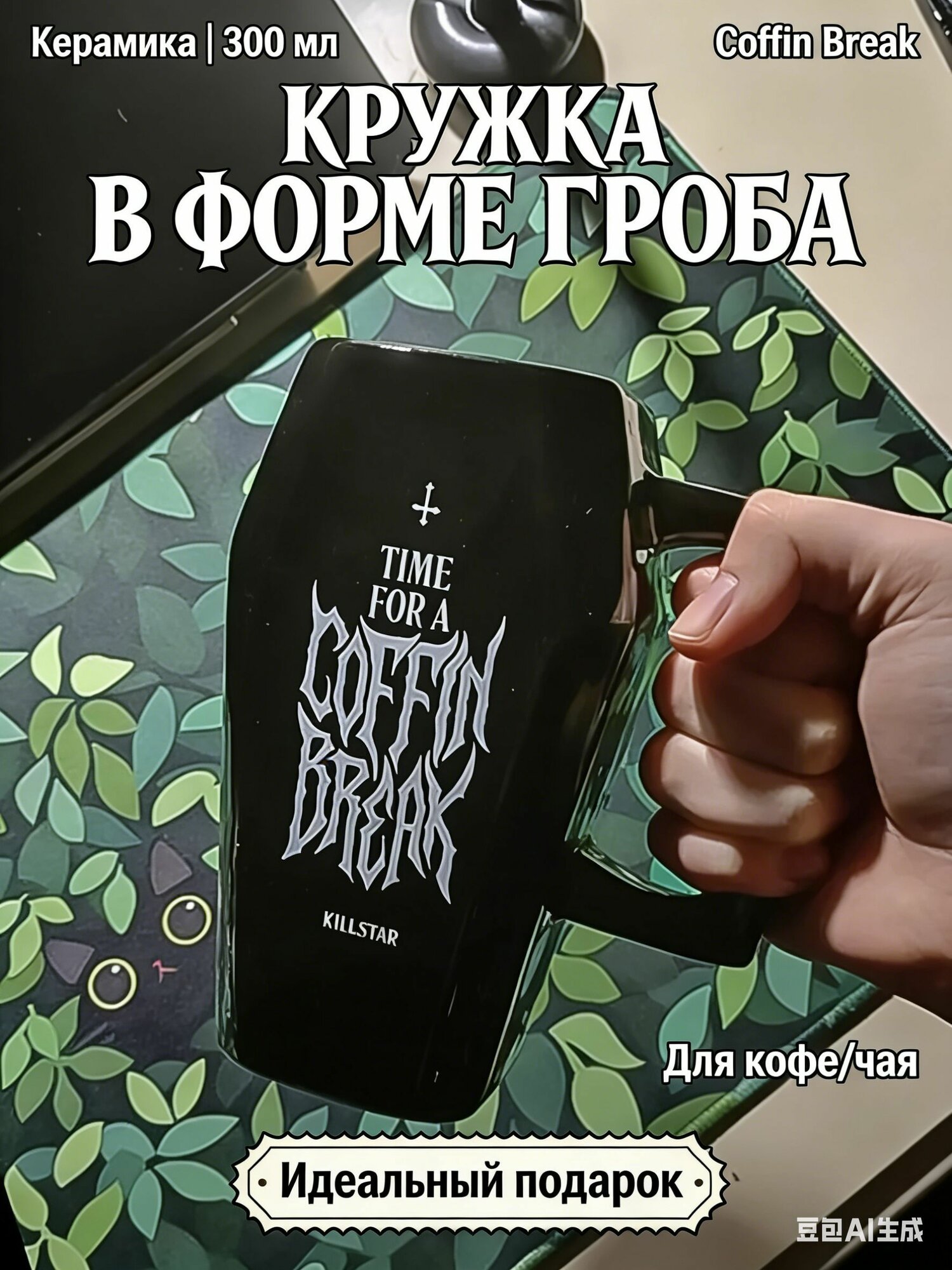 Кружка в форме гроба Killstar "Coffin Break", 400 мл, готическая, керамическая, подарок готу, неформалу